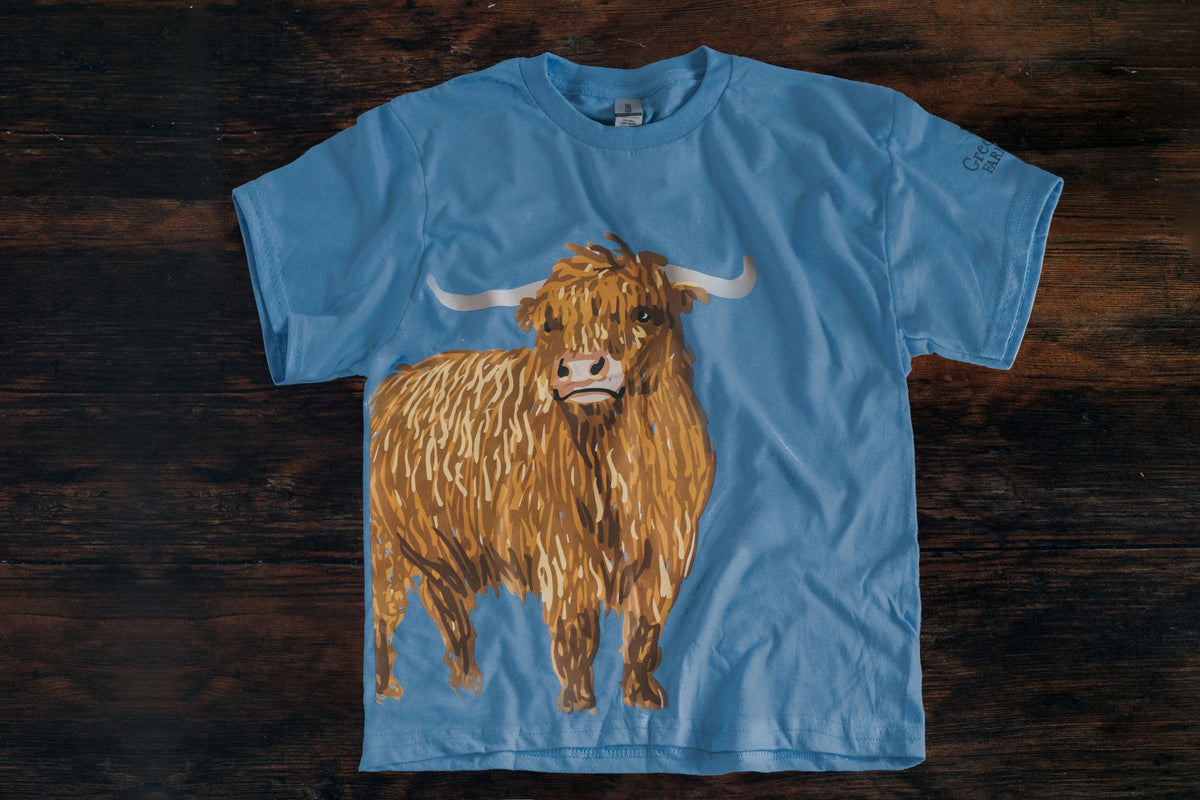 Greendale Highland Cow T-Shirt - Blue | Online Gifting | Greendale Farm ...